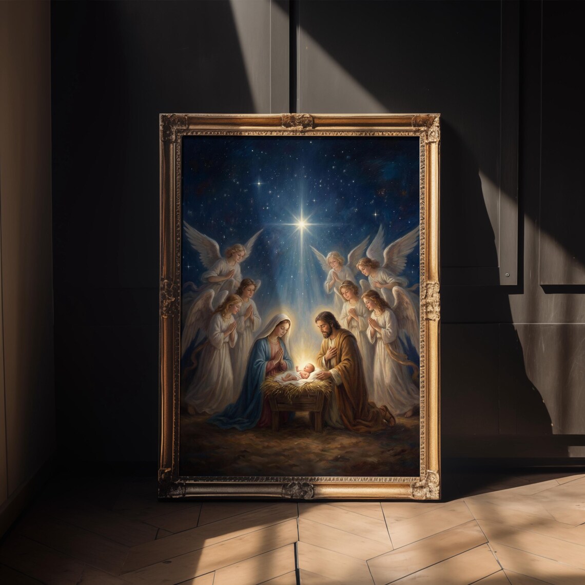 Nativity Scene Mary Joseph and Baby Jesus With Angels Painting (digital ...
