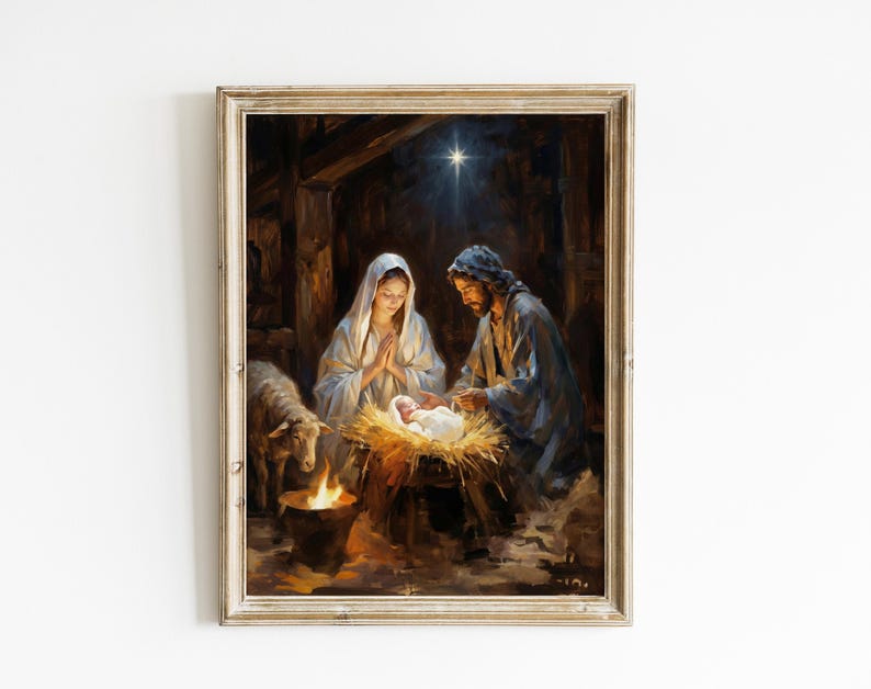 Nativity Scene Mary Joseph and Baby Jesus Art Painting, Catholic Home ...