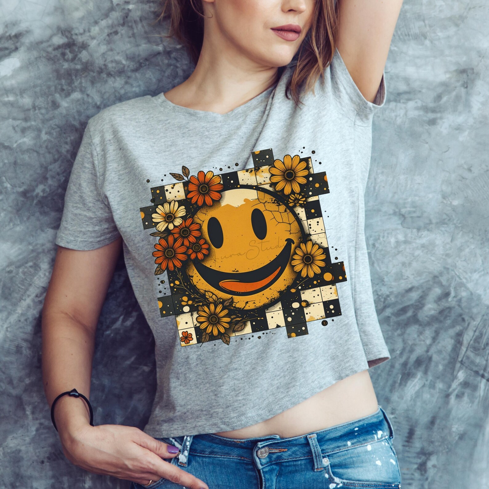 Grunge Smiley Face PNG: Retro Floral Checkered Sublimation Design ...