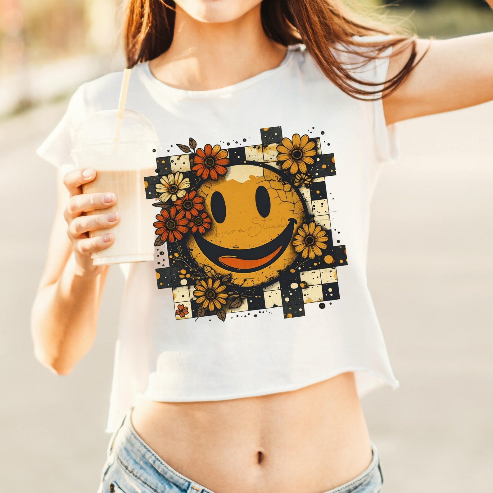 Grunge Smiley Face PNG: Retro Floral Checkered Sublimation Design ...