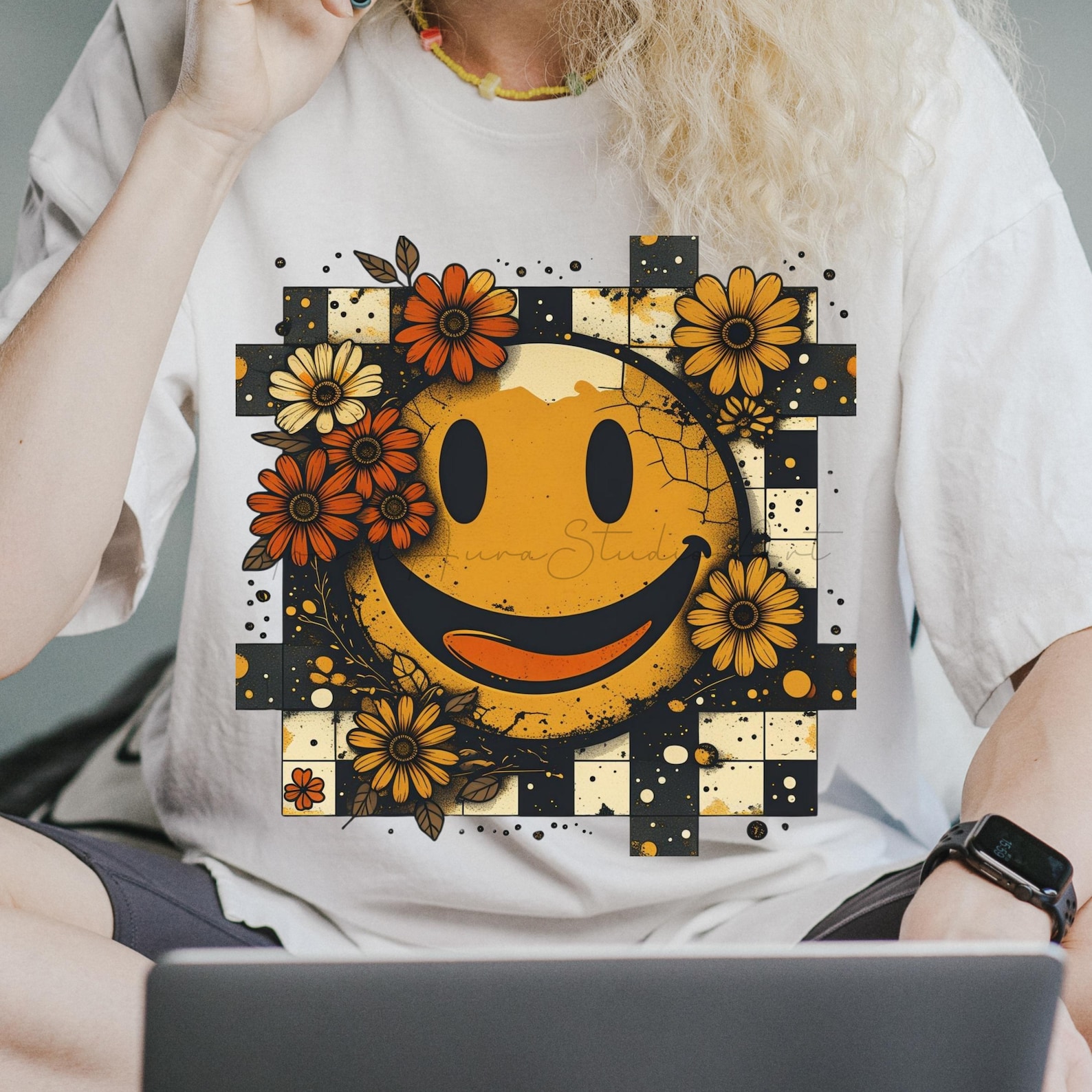Grunge Smiley Face PNG: Retro Floral Checkered Sublimation Design ...
