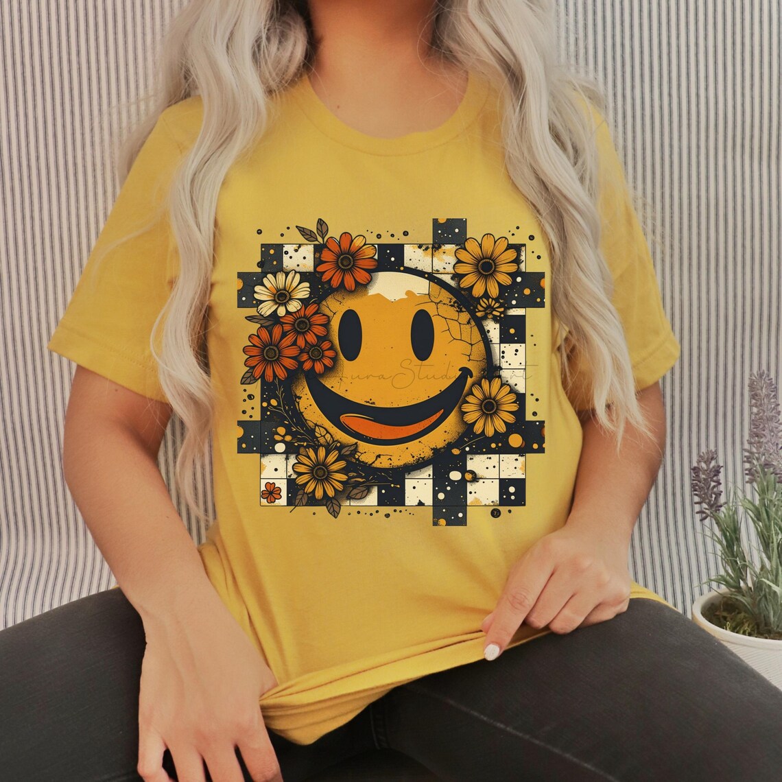 Grunge Smiley Face PNG: Retro Floral Checkered Sublimation Design ...