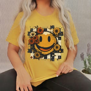 Grunge Smiley Face PNG: Retro Floral Checkered Sublimation Design ...