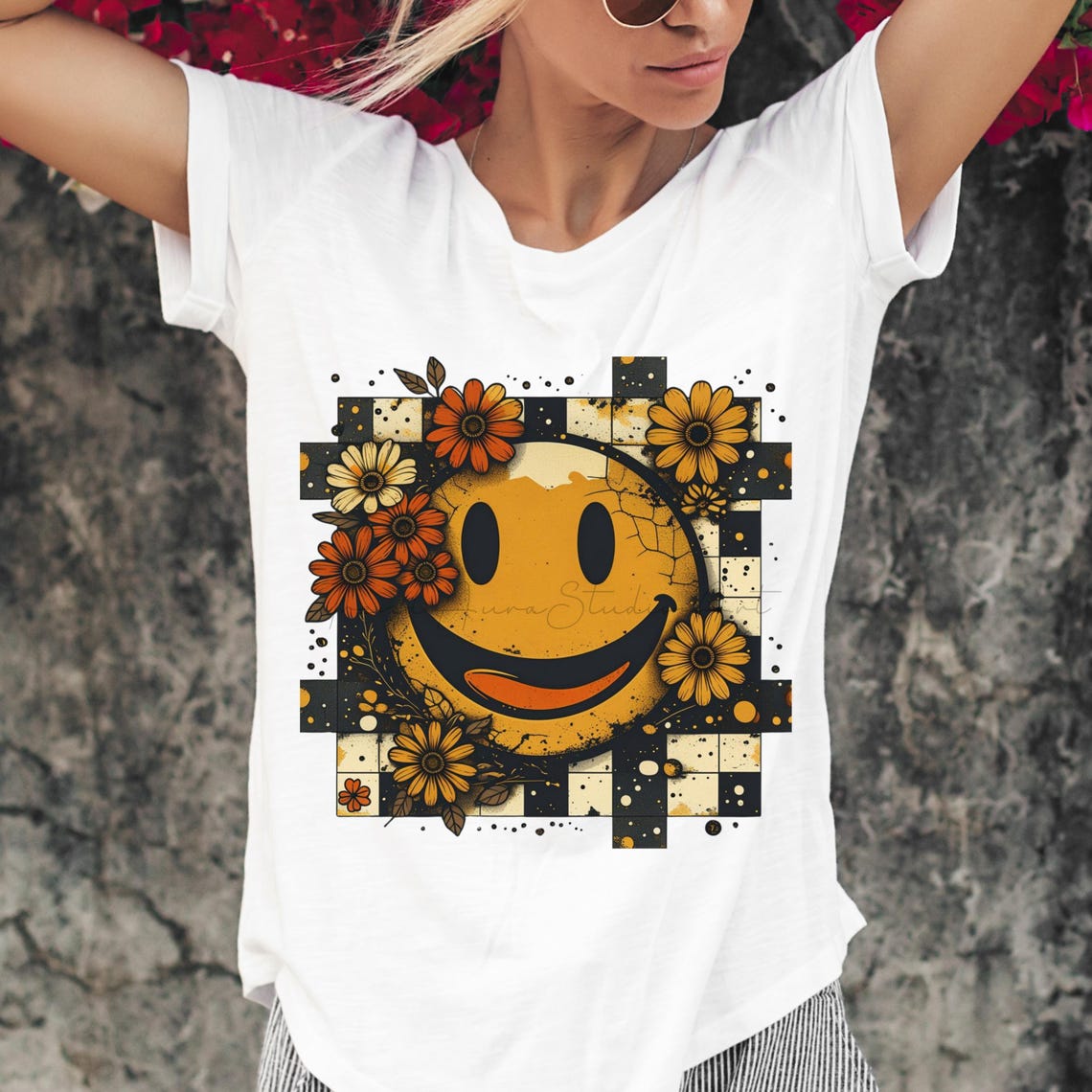 Grunge Smiley Face PNG: Retro Floral Checkered Sublimation Design ...
