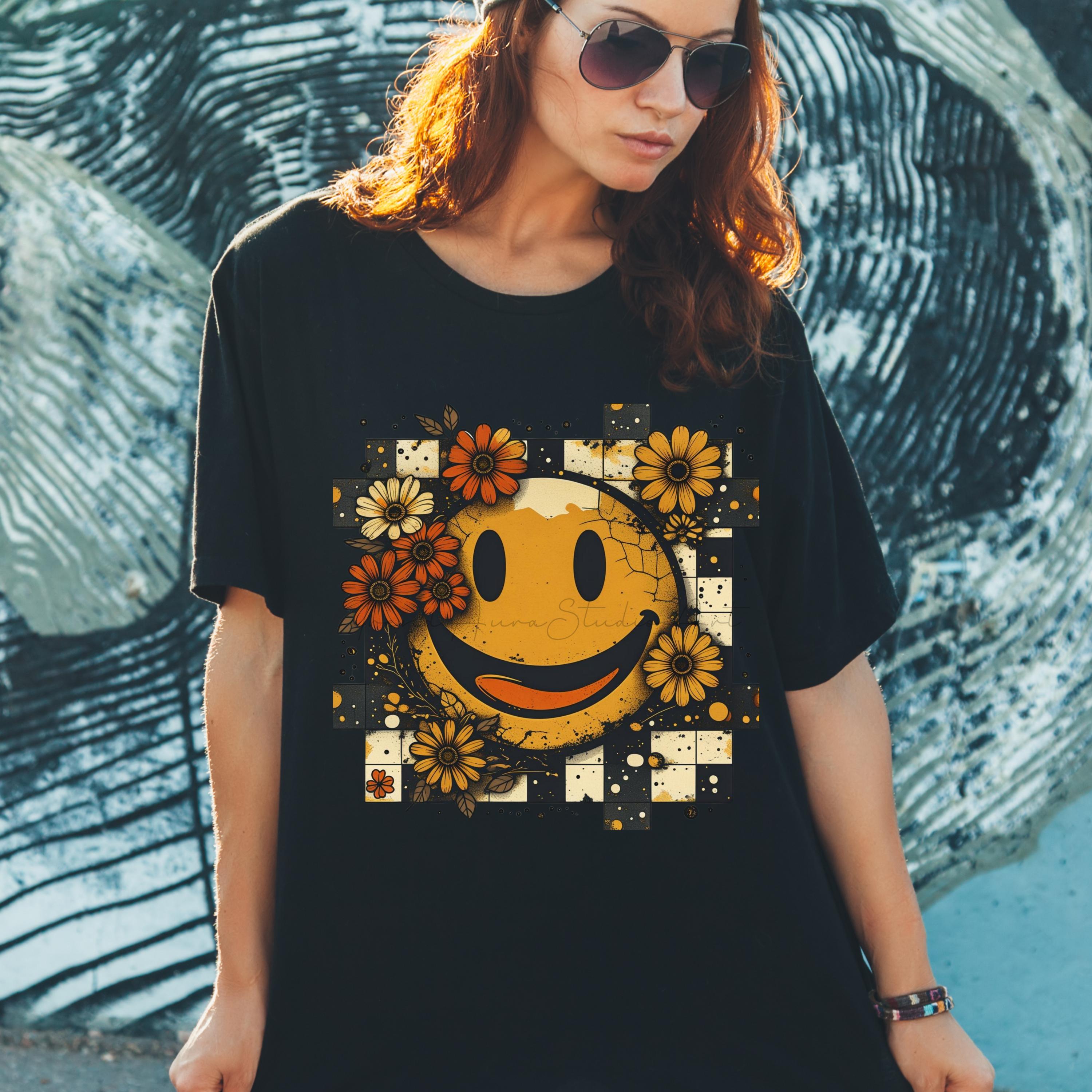 Grunge Smiley Face PNG: Retro Floral Checkered Sublimation Design ...