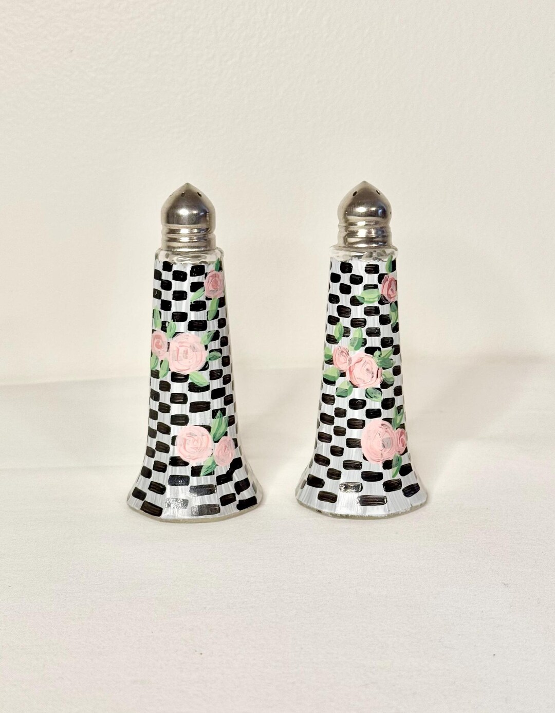 Vintage Bella Casa Ganz Checkerboard Roses Glass Salt and Pepper ...