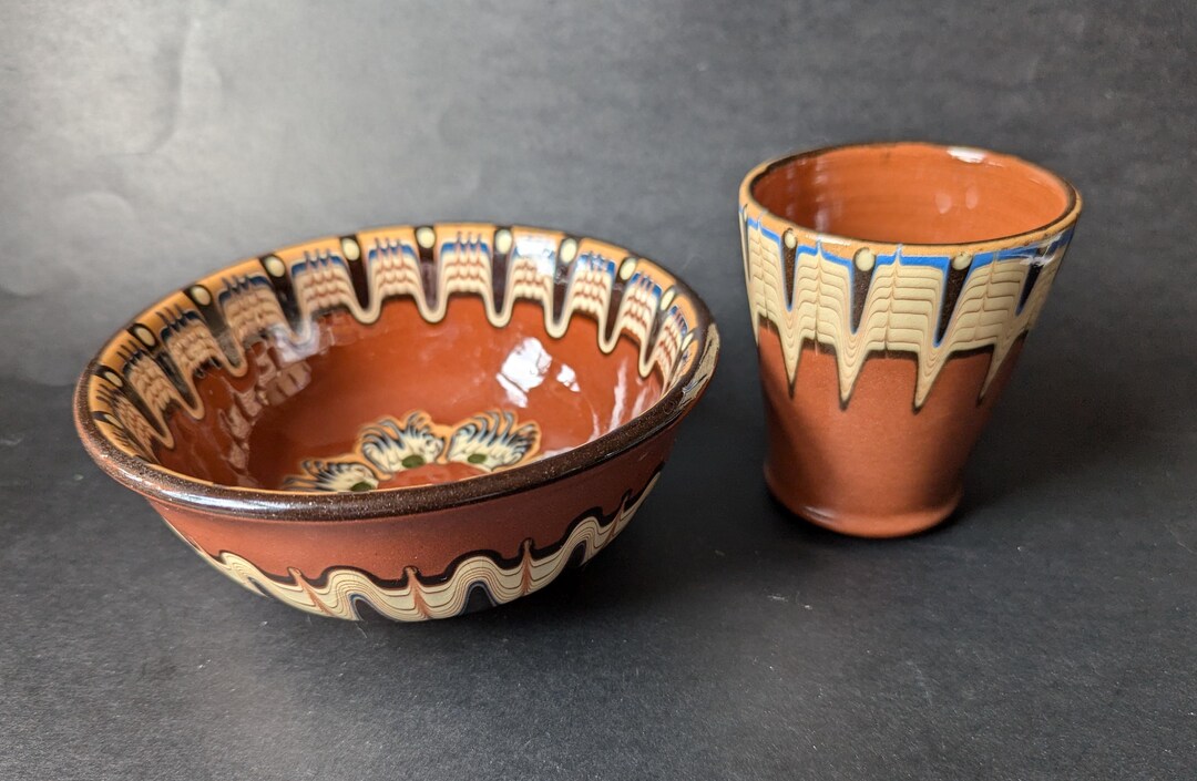 Vintage Bulgarian Redware Bowl and Cup - Terra Cotta Combed Slip Glaze ...
