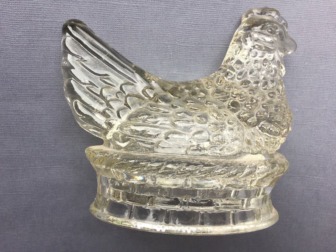Vintage Glass Chicken Candy Container - Clear Glass Hen on Nest Easter ...