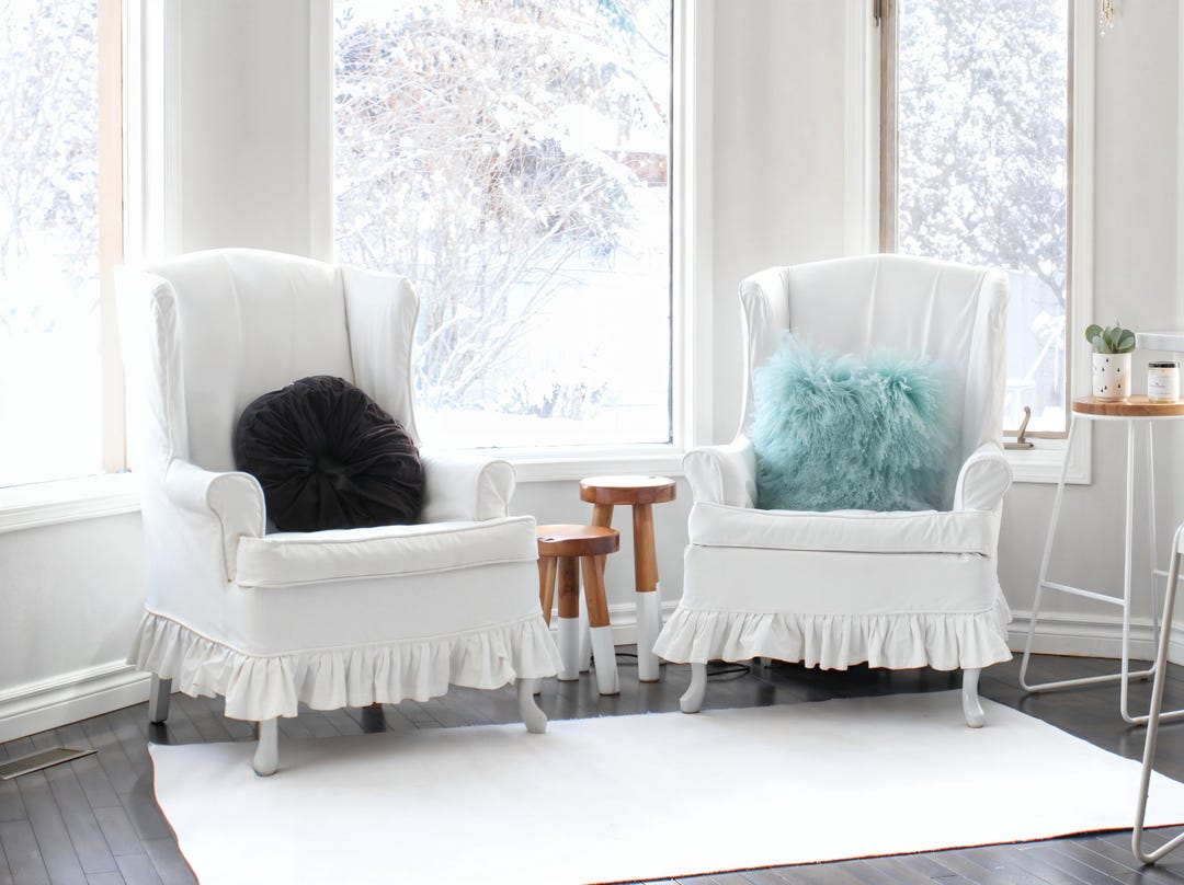 White Cotton Linen Sofa Cover With Lace Ruffle, Custom Size, Single ...