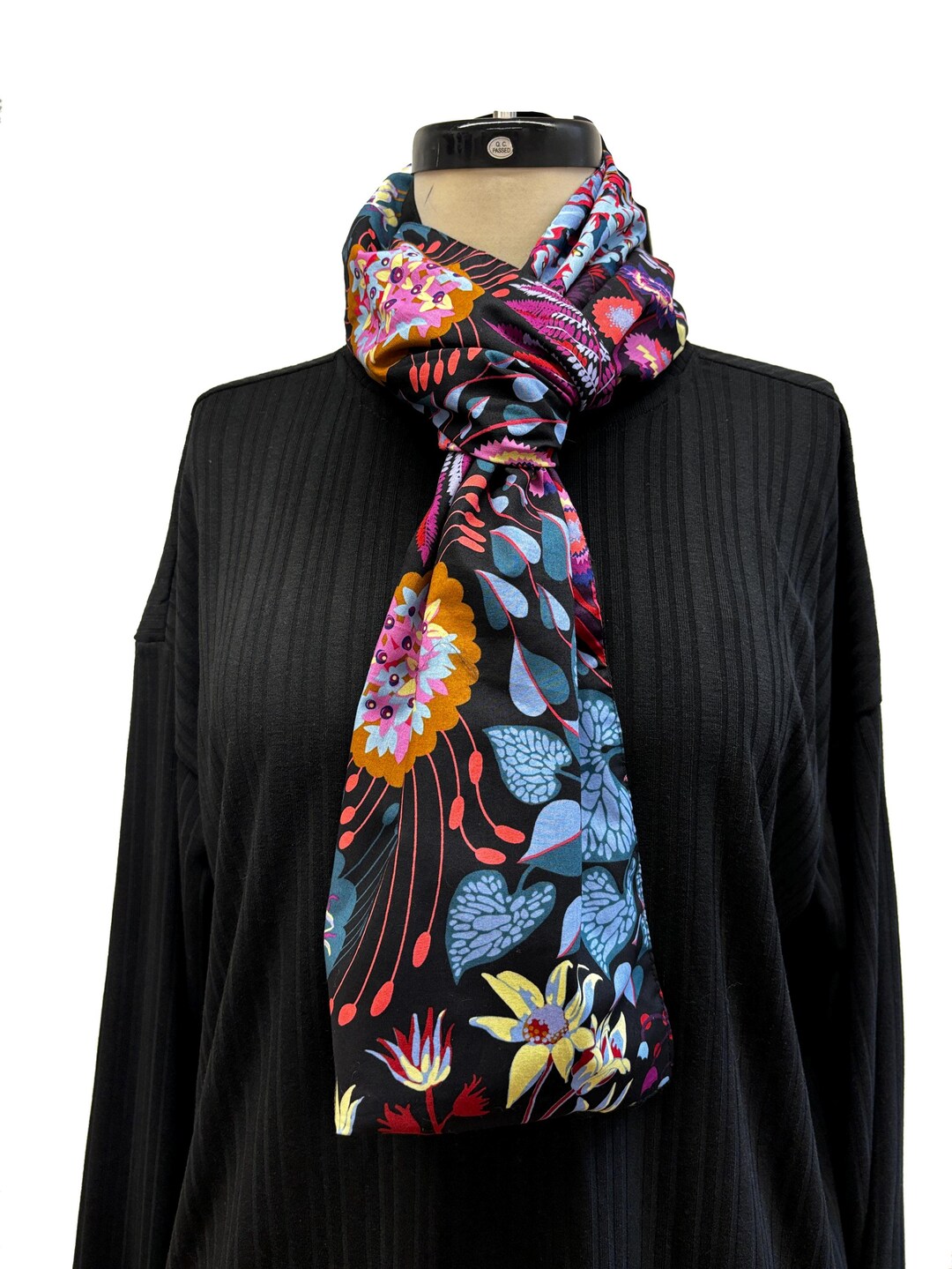 Reversible Maximalist Floral Tana Lawn Scarf, Black Silk Cotton, 9”x 62 ...
