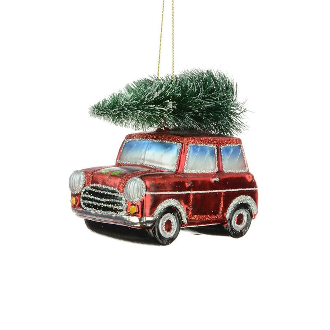 Classic Mini Car With Christmas Tree Hanging Glass Ornament Red - Etsy