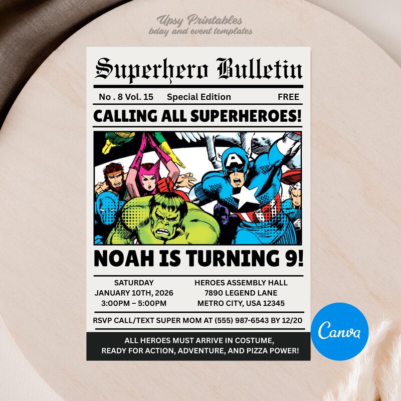 Superhero Newspaper Invitation - Etsy