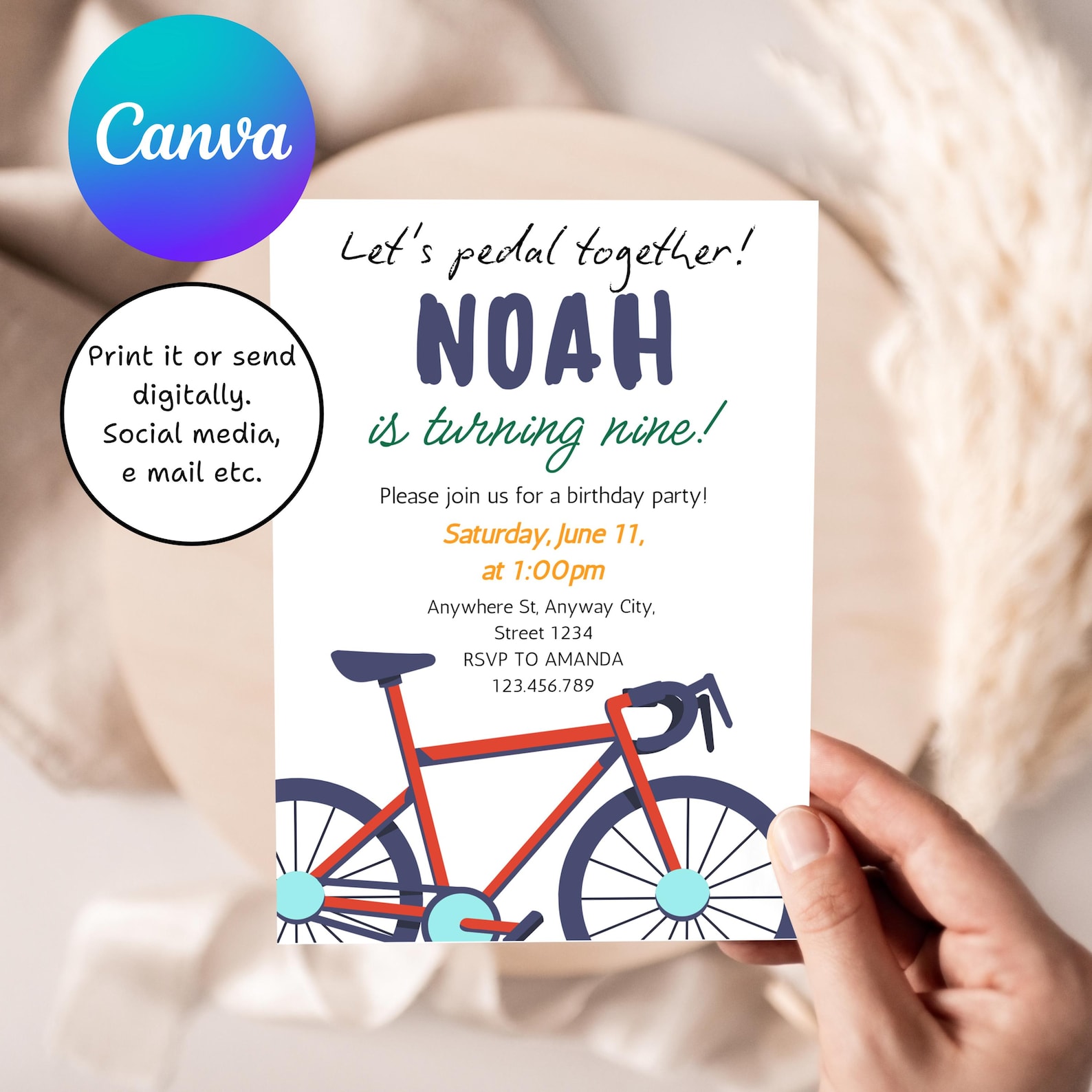 Bike Birthday Invitation, Boys Bike Party Invite, Custom 9th Birthday ...