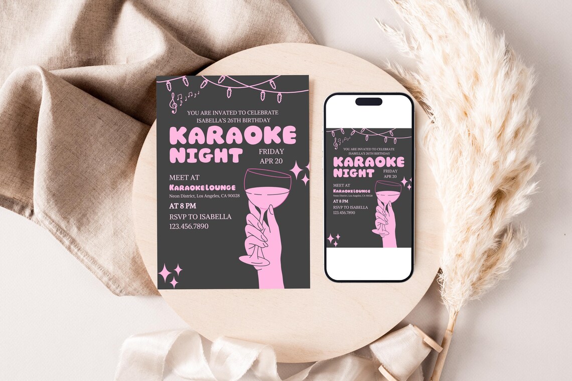 Karaoke Night Invitation Template Birthday Party Black Pink Music Dance ...