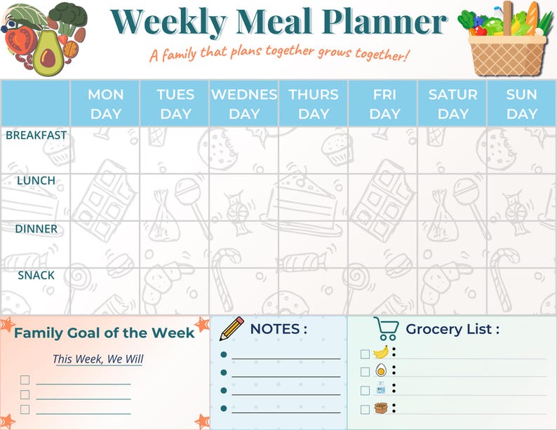 Family Weekly Meal Planner Printable Menu & Grocery Organizer, Goals ...