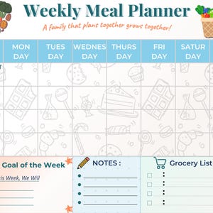 Family Weekly Meal Planner Printable Menu & Grocery Organizer, Goals ...