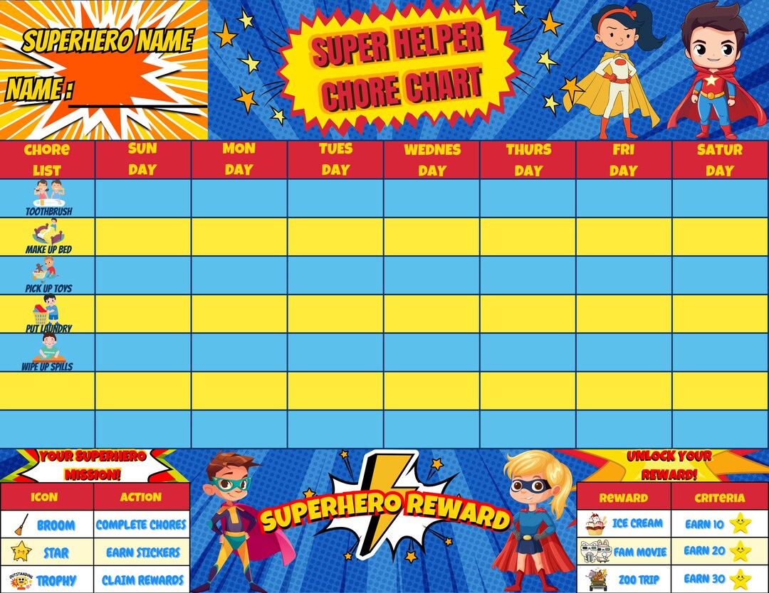 Superhero Kids’ Chore Chart & Reward System | Editable Printable ...