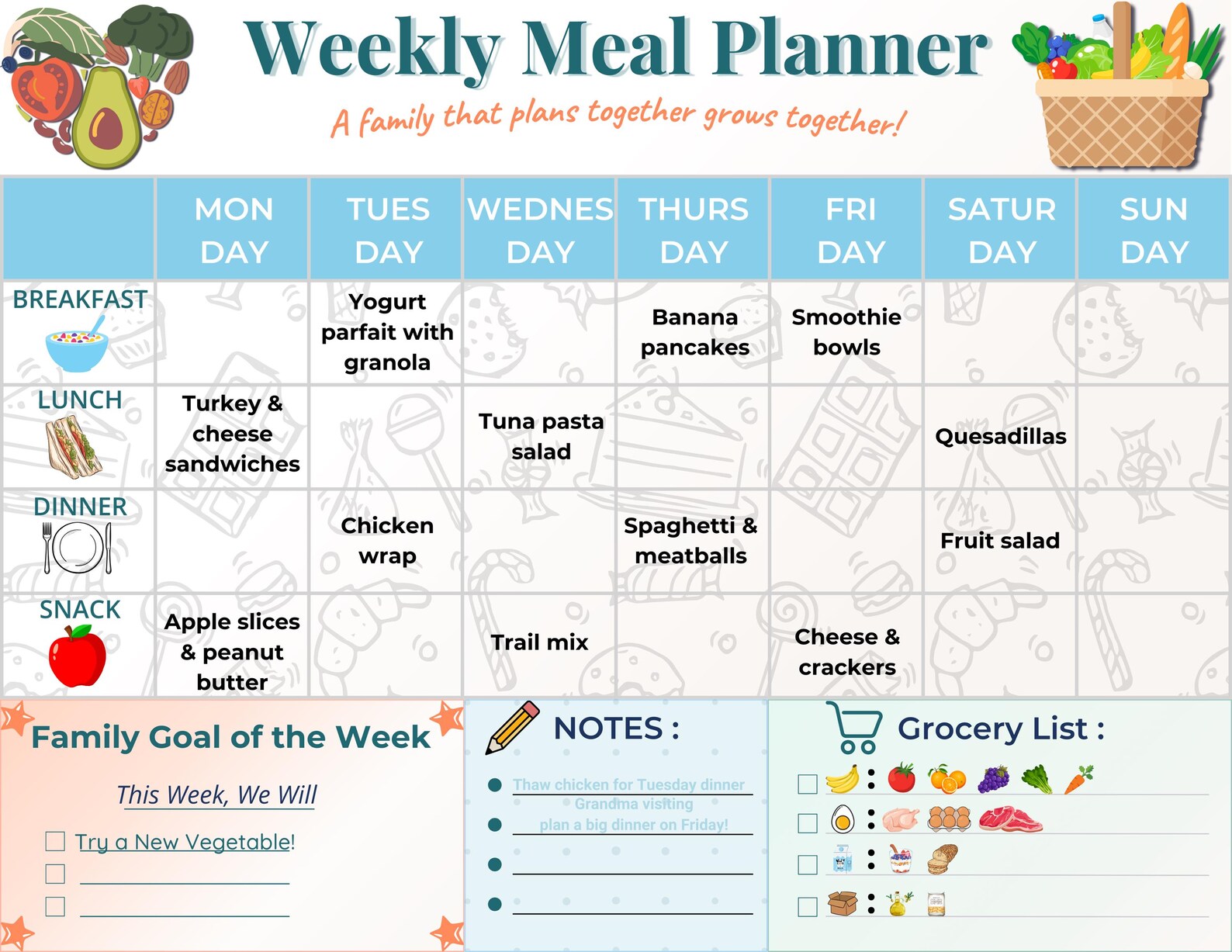 Family Weekly Meal Planner Printable Menu & Grocery Organizer, Goals ...