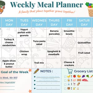 Family Weekly Meal Planner Printable Menu & Grocery Organizer, Goals ...