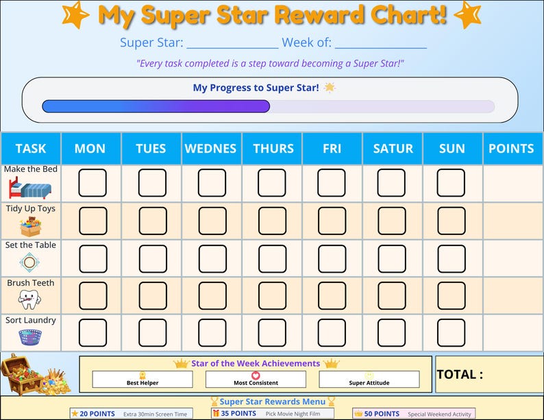 My Super Star Reward Chart - Printable Chore Tracker for Kids | Fun ...