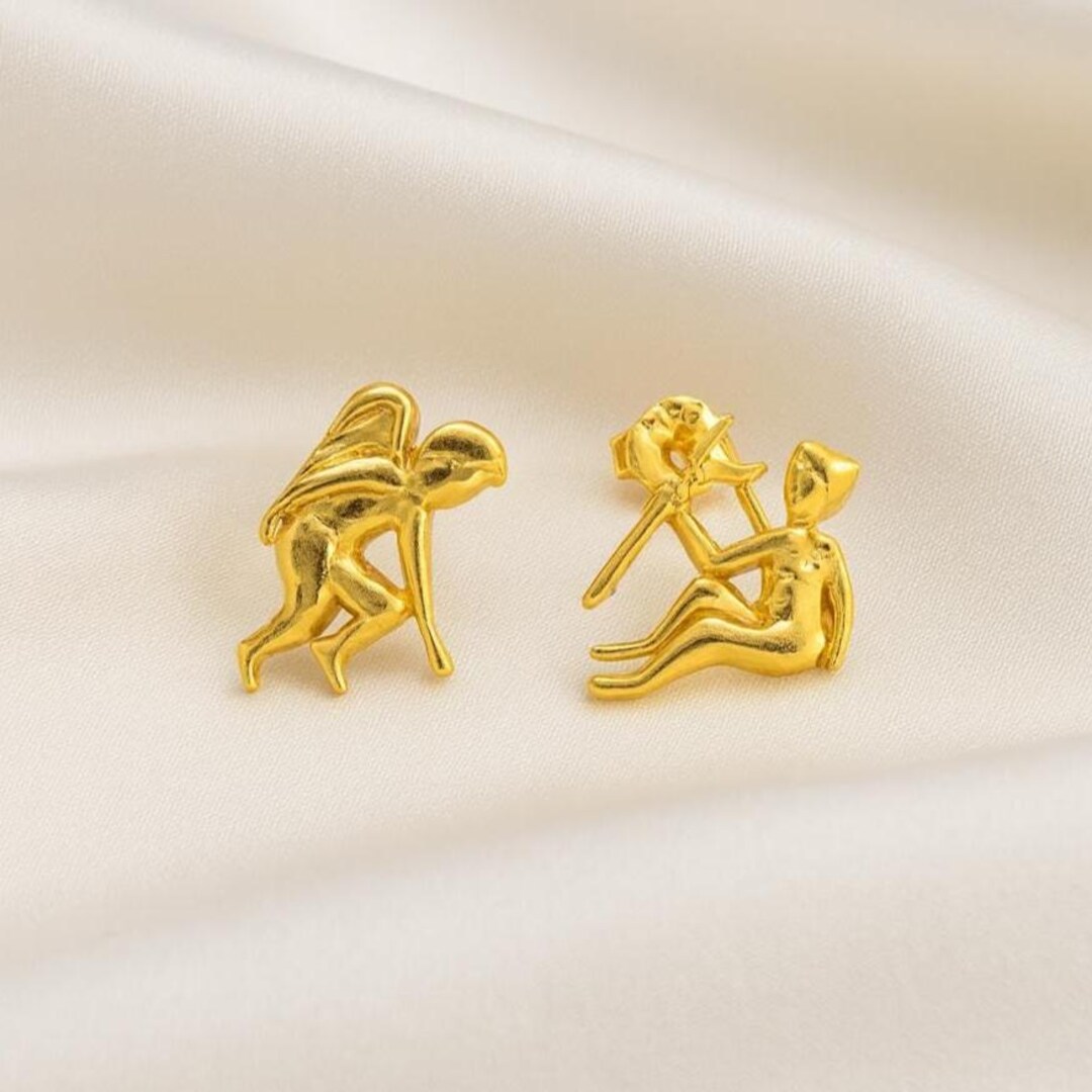 Angel and Devil Earrings ,18 K Gold Plated, Dainty Angel and Devil Stud ...