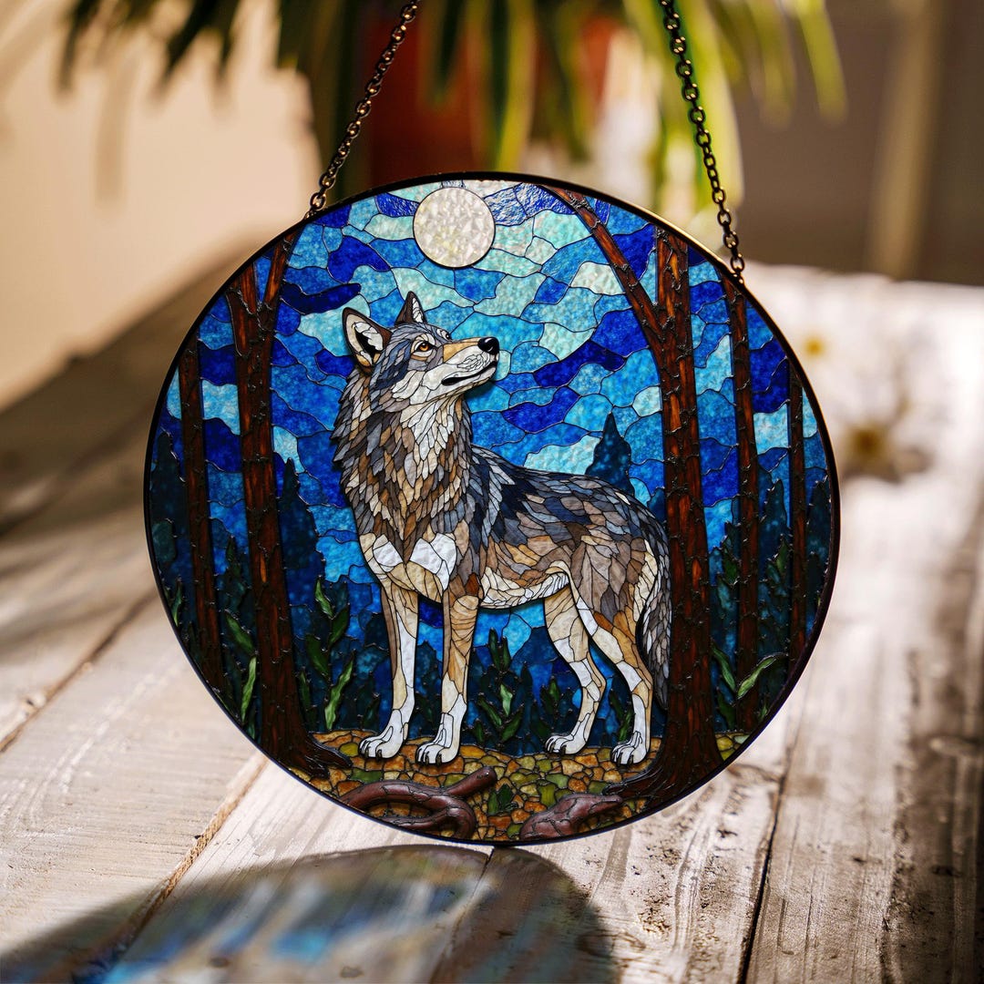 Wolf Stained Glass Suncatcher Window Hanging Gift for Nature Lovers ...