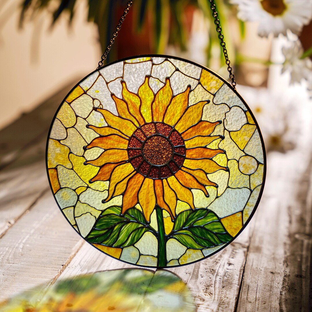 Sunflower Glow Round Stained Glass Suncatcher Bright Window Decor Gift ...