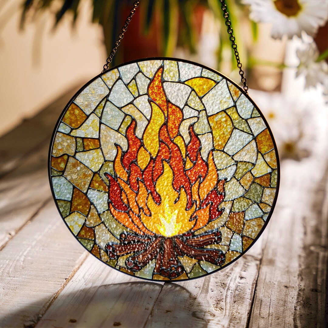 Stained Glass Fire Suncatcher Handmade Window Art Campfire Gift for ...