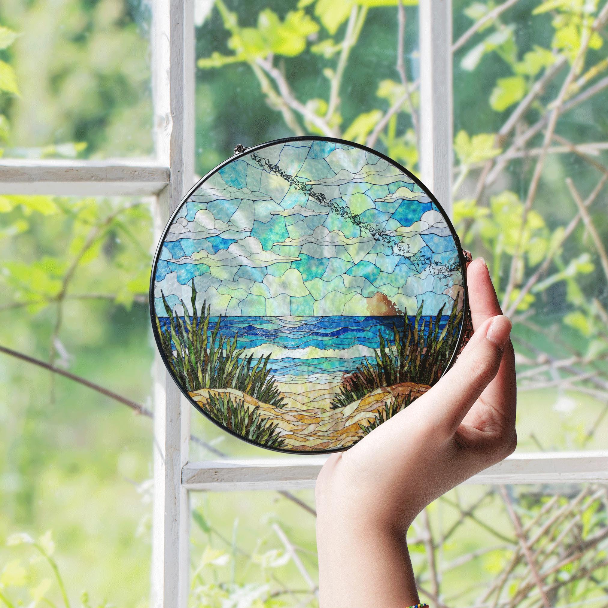 Coastal Path Ocean View Round Suncatcher Beach Stained Glass Window ...