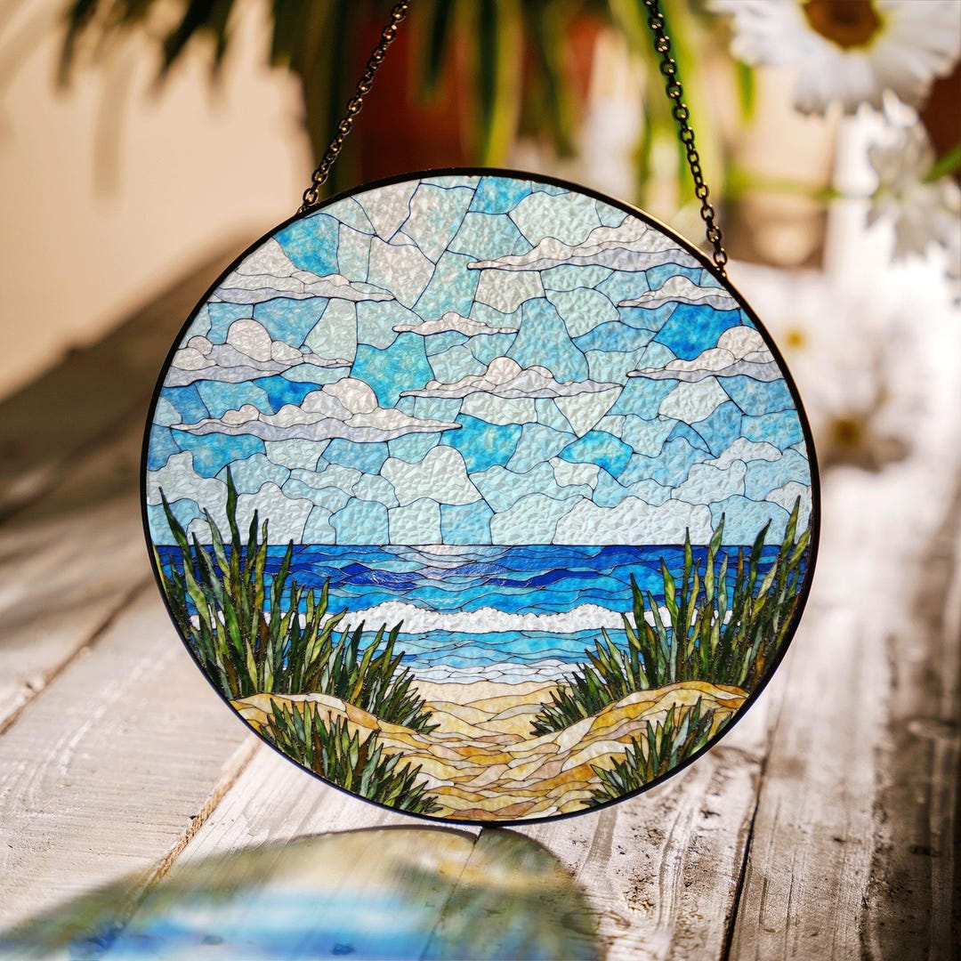 Coastal Path Ocean View Round Suncatcher Beach Stained Glass Window ...
