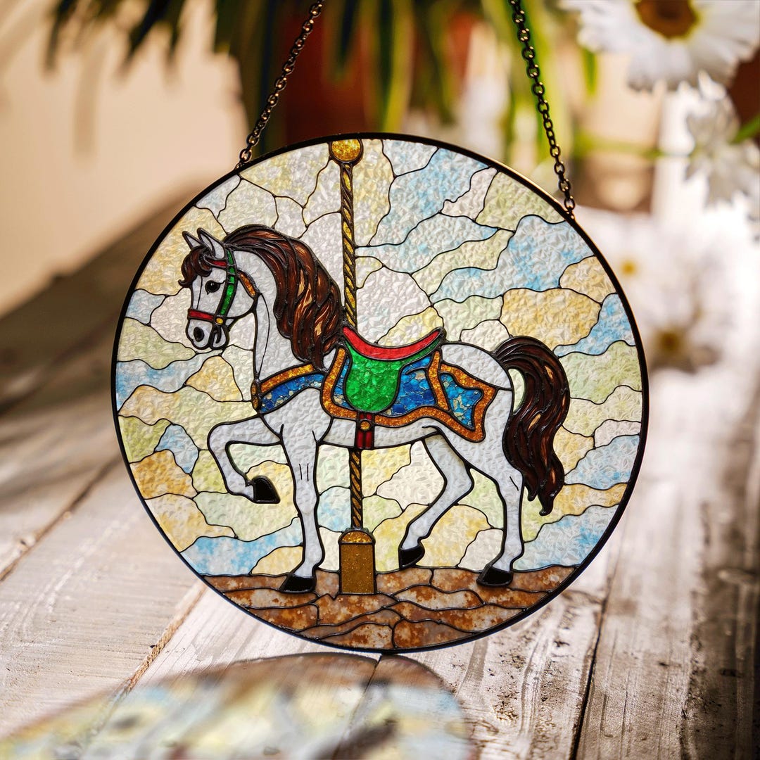 Carousel Horse Stained Glass Round Window Suncatcher Fantasy Art Decor ...