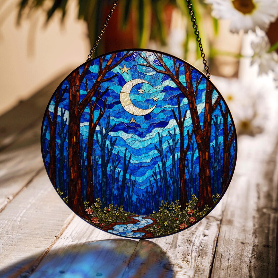 Moonlit Forest Path Blue Night Sky Stained Glass Suncatcher Mystical ...