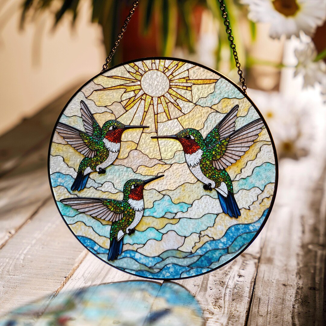 Three Hummingbirds Sun and Clouds Round Suncatcher Window Hanging Gift ...