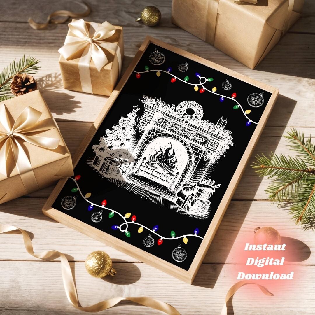 Vintage Christmas Fireplace Art Print Holiday Wall Decor (digital ...