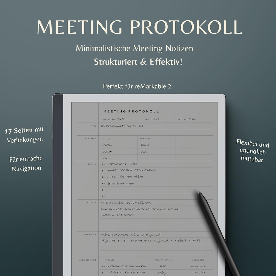 Meeting Notes Protokoll Template Für Remarkable 2 Strukturierte ...