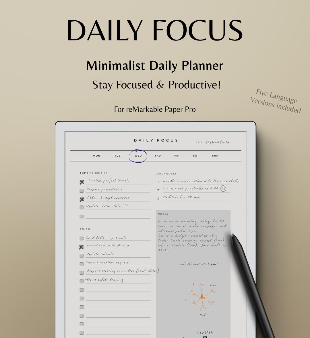 Daily Focus Template for Remarkable Paper Pro | Minimalist Planner for ...