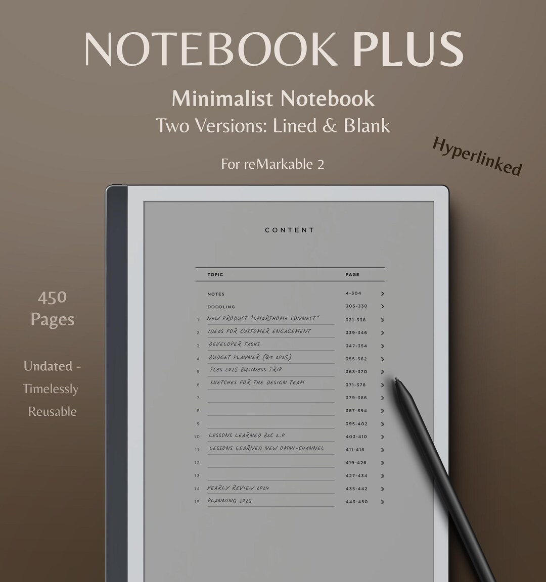 Notebook Plus Lined & Blank Template for Remarkable 2 Minimalist 450 ...