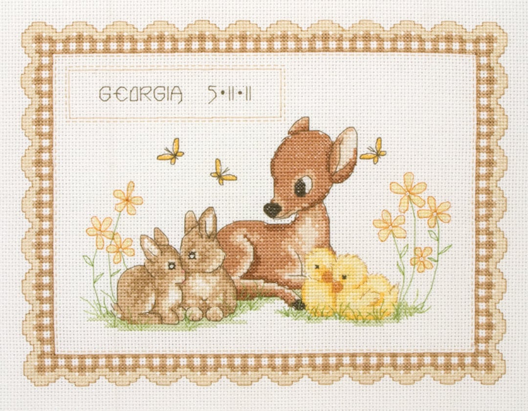 Baby Animal Birth Record Sampler Cross Stitch Kit From Anchor, Baby ...