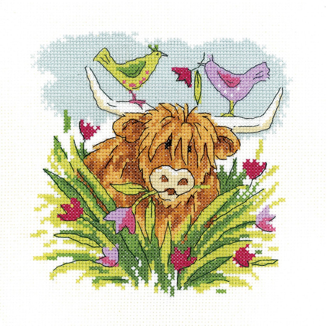 Tulip Highland Cow Counted Cross Stitch Kit by Heritage Craft on 14ct ...