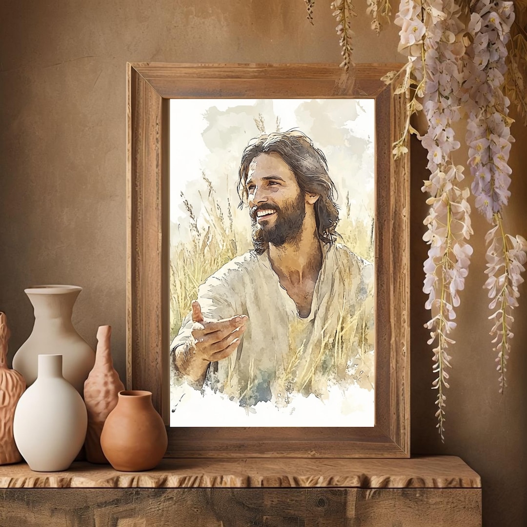 Jesus Laughing Poster, Watercolor Jesus Portrait, Christian Wall Decor ...