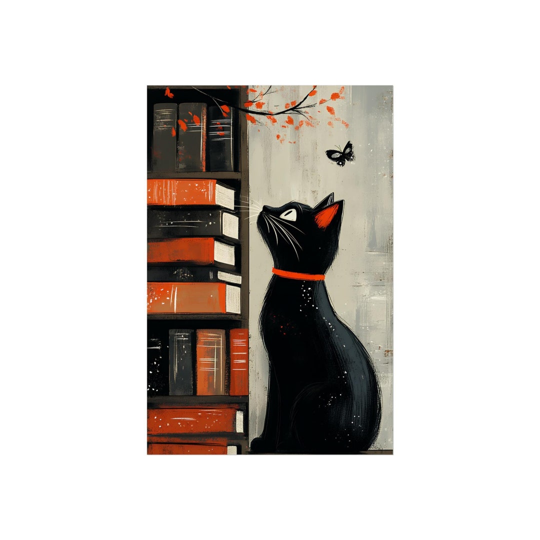 Whimsical Cat and Book Poster for Cozy Reading Nooks - Bookish Poster ...