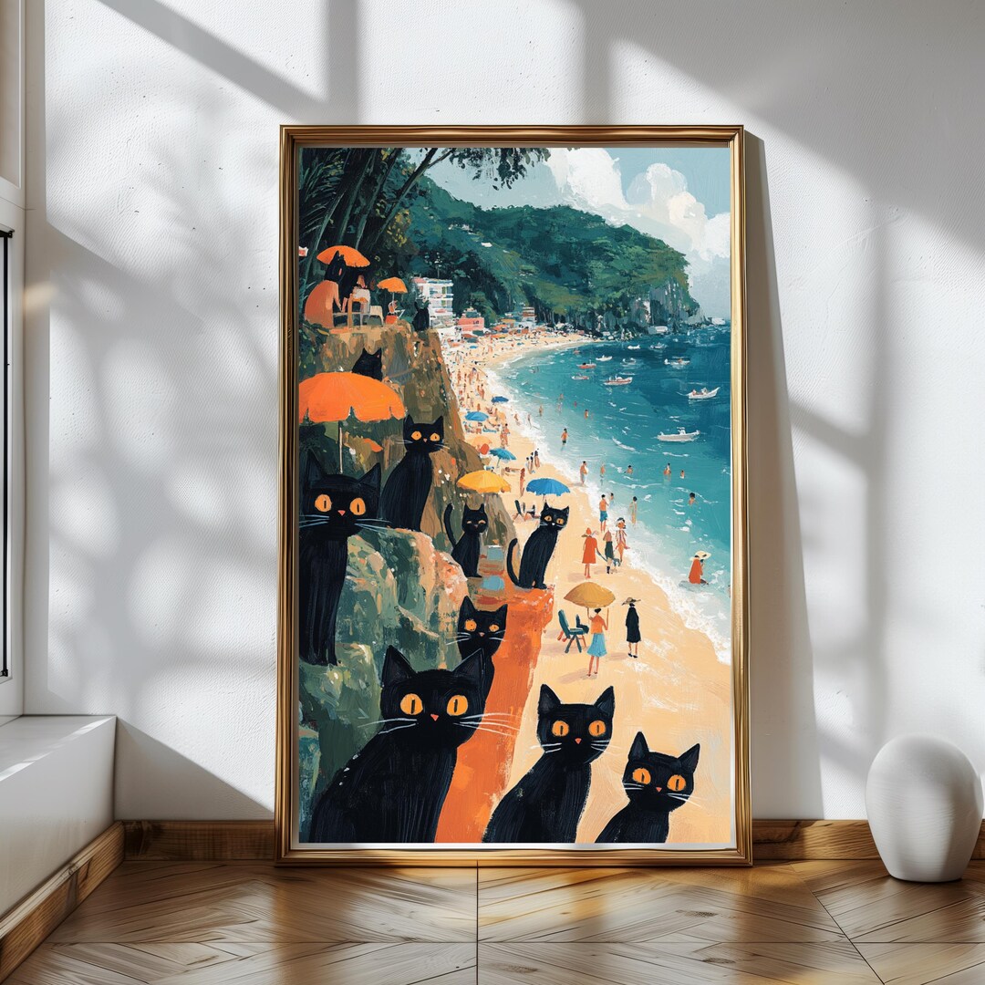 Vintage Beach Scene Art Print: Naive Folk Art With Cats - Etsy