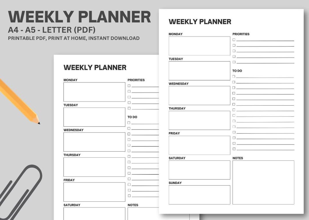 Weekly Planner Printable A5 A4 Letter Size, Undated Weekly Schedule, To ...