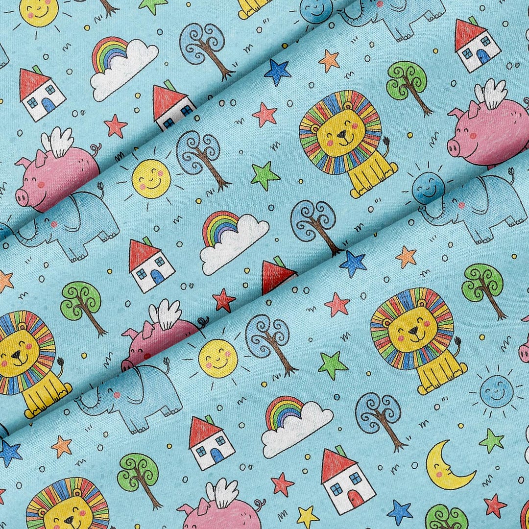 Whimsical Children's Animals Pattern, Fabric by the Yard, 58 In