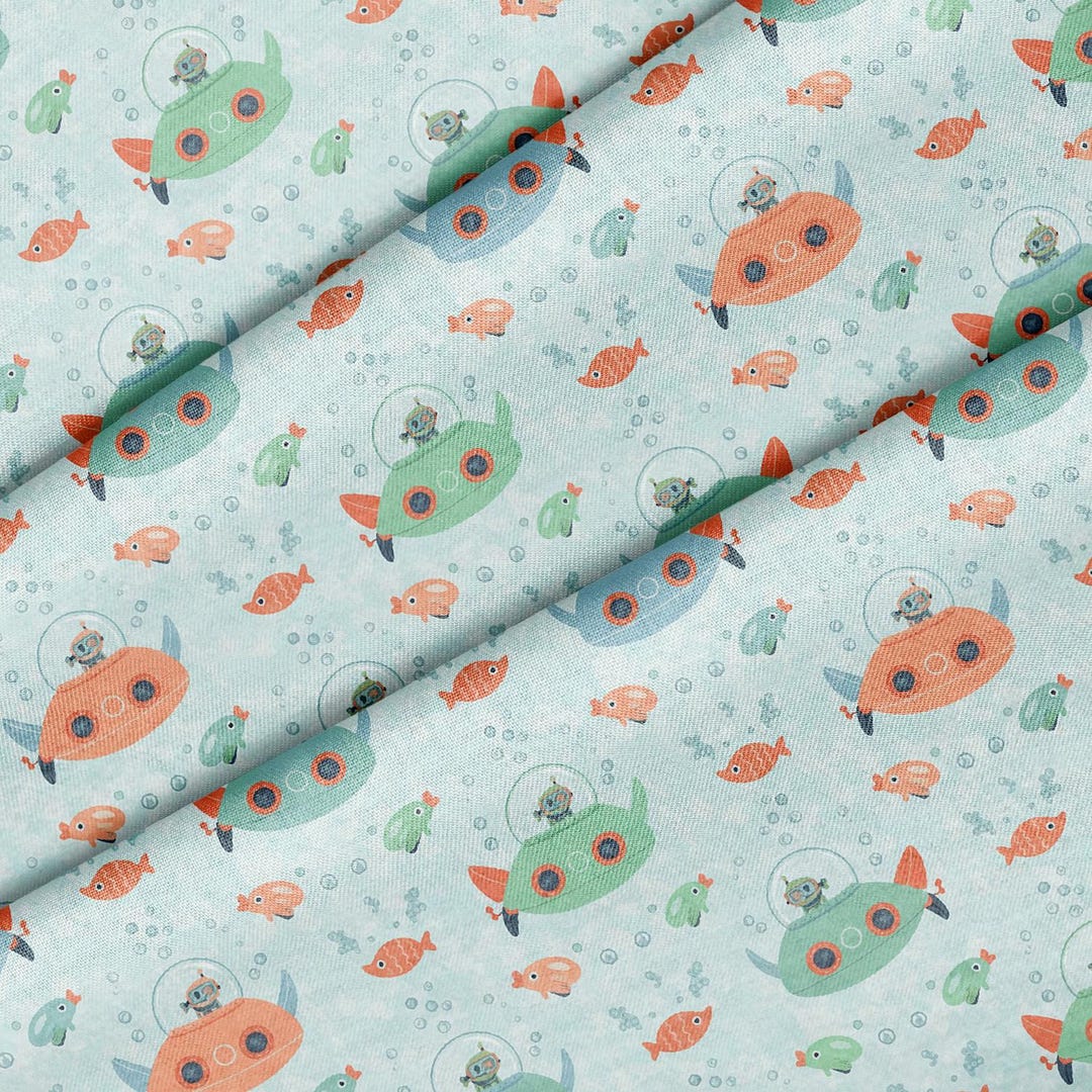 Submarines Friendly Fish Pattern, Fabric by the Yard, 58 In