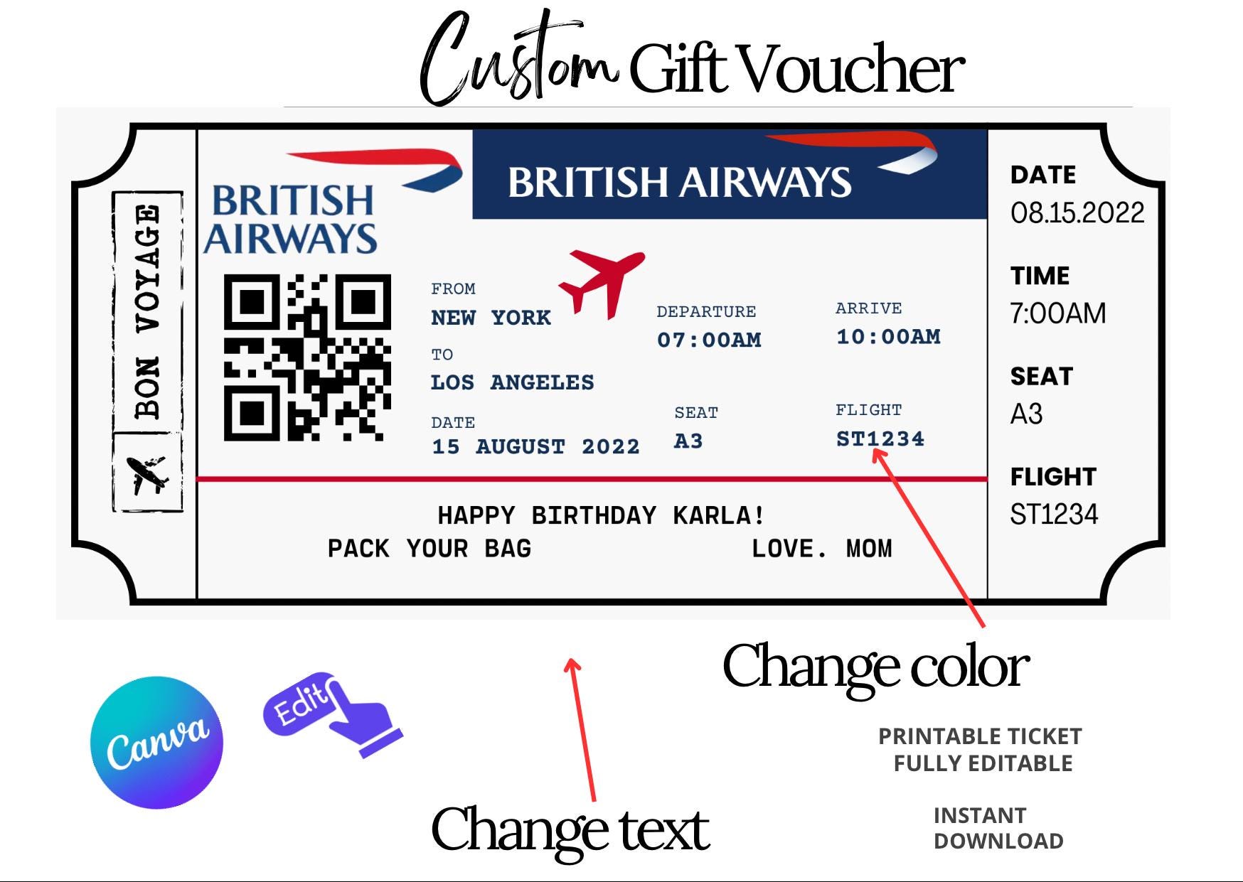 Editable British Airways Ticket Template, Custom Ticket Printable DIY ...