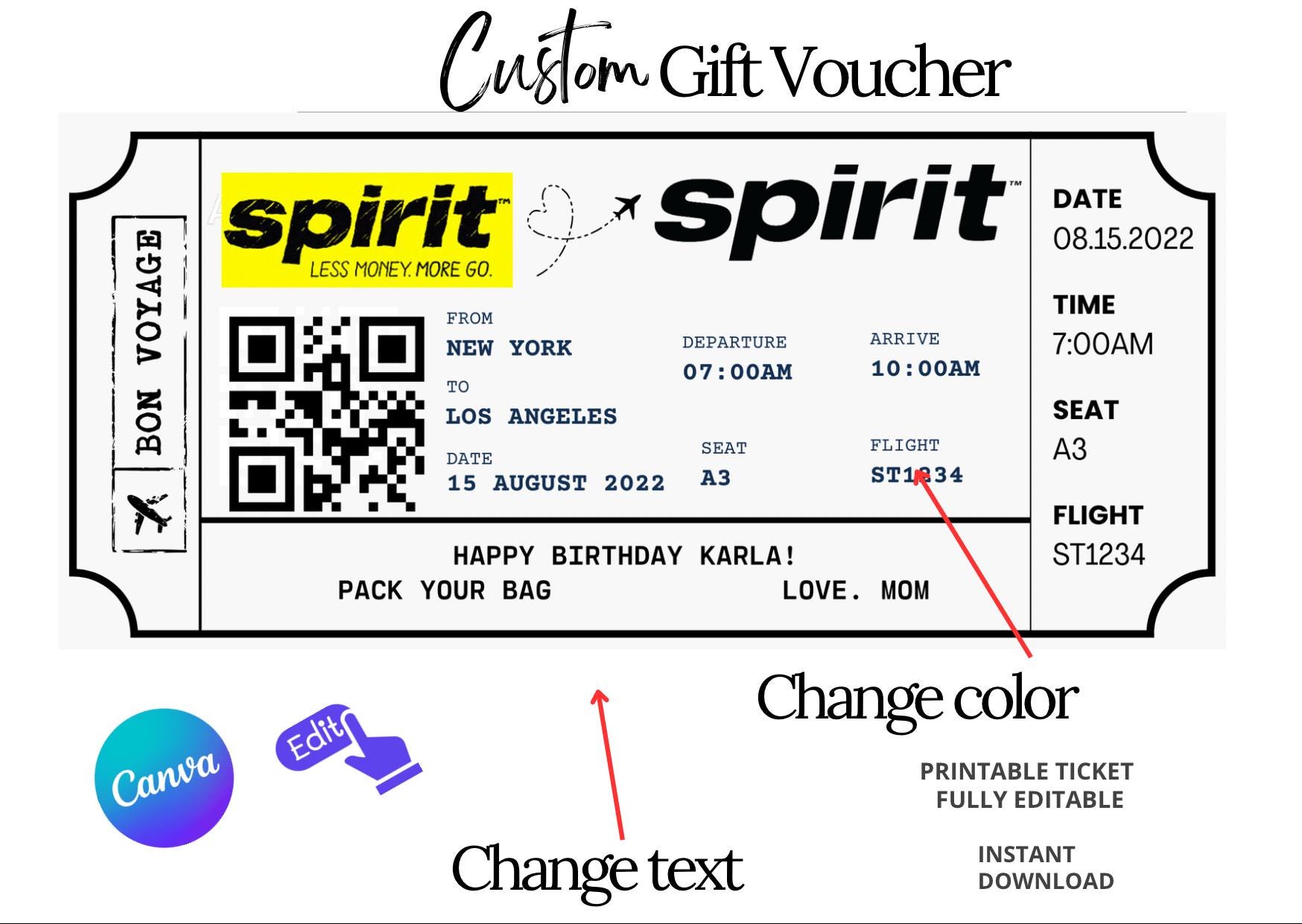 Editable Spirit Airlines Ticket Template, Custom Ticket Printable DIY ...