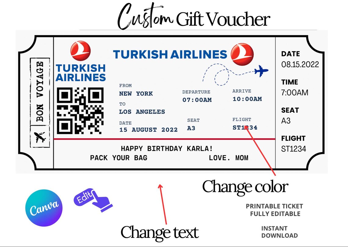 Editable Turkish Airlines Ticket Template, Custom Ticket Printable DIY ...