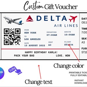 Editable Delta Airlines Ticket Template, Custom Ticket Printable DIY Surprise Airline Boarding ...