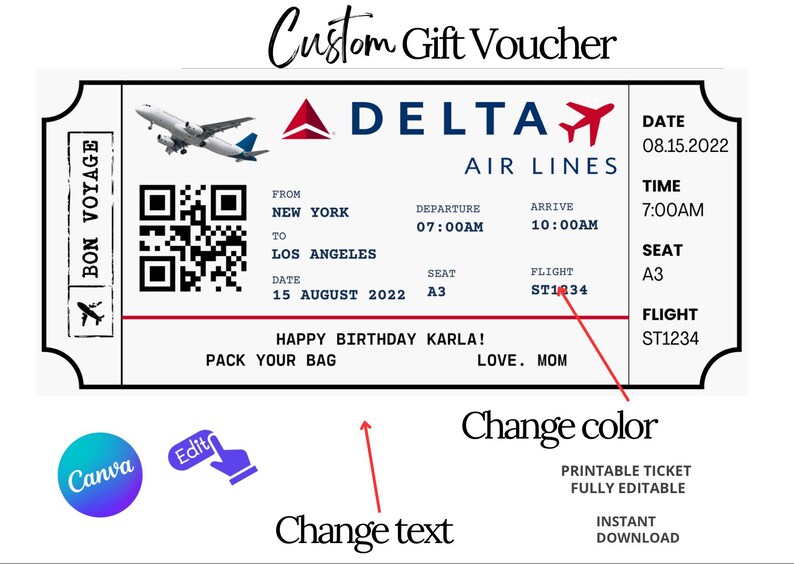 Editable Delta Airlines Ticket Template, Custom Ticket Printable DIY ...